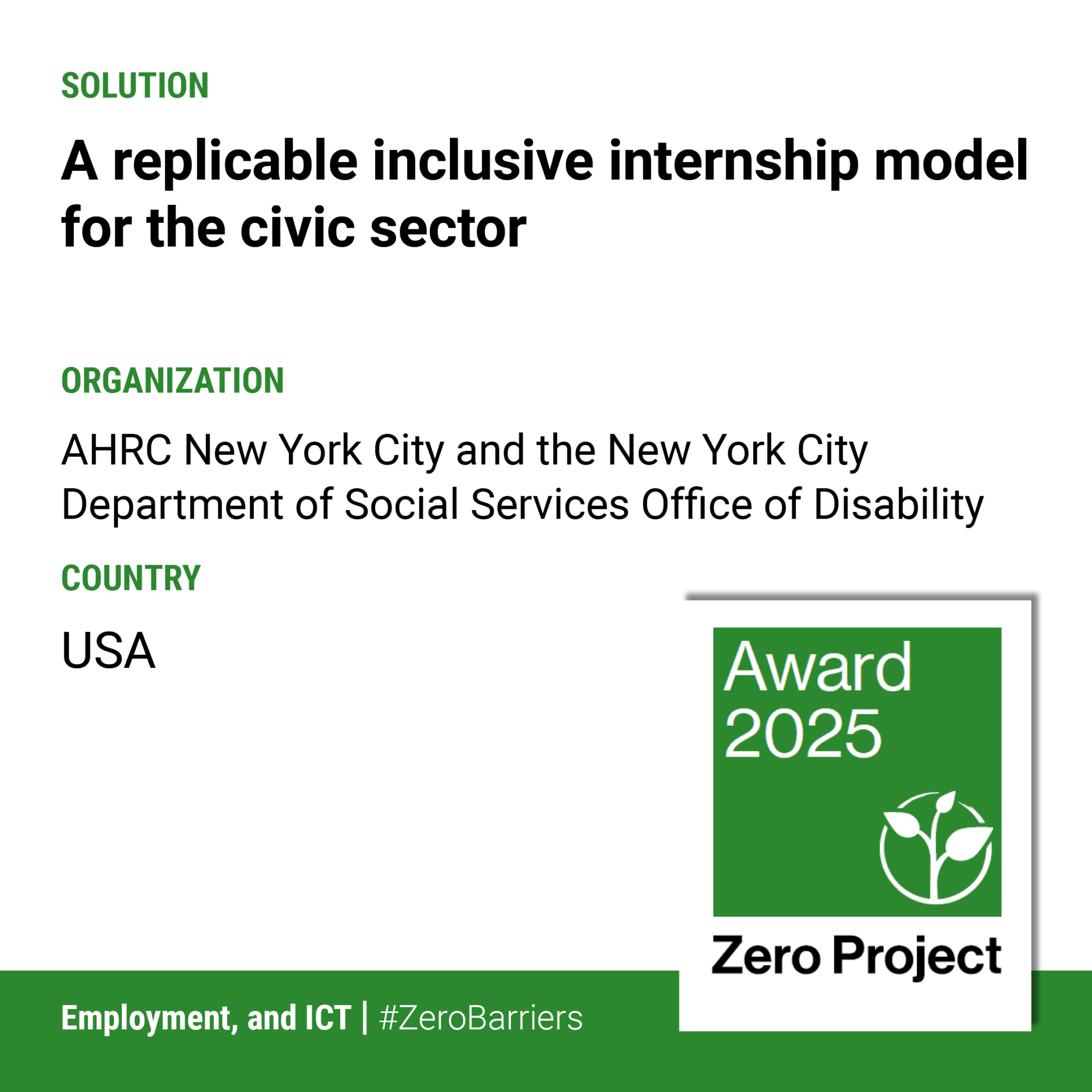 AHRC NYC's Partnership for Inclusive Internships (PII) Recognized as a Zero Project Awardee 2025 ...